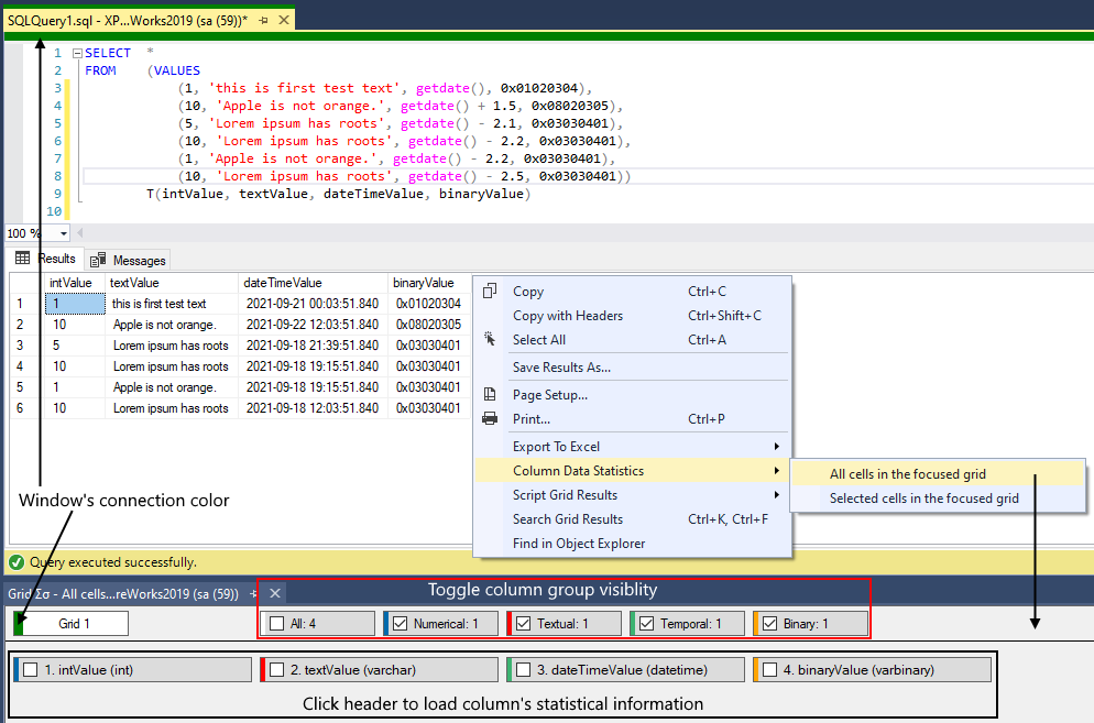 SSMS Tools Pack Feature Column Data Statistics